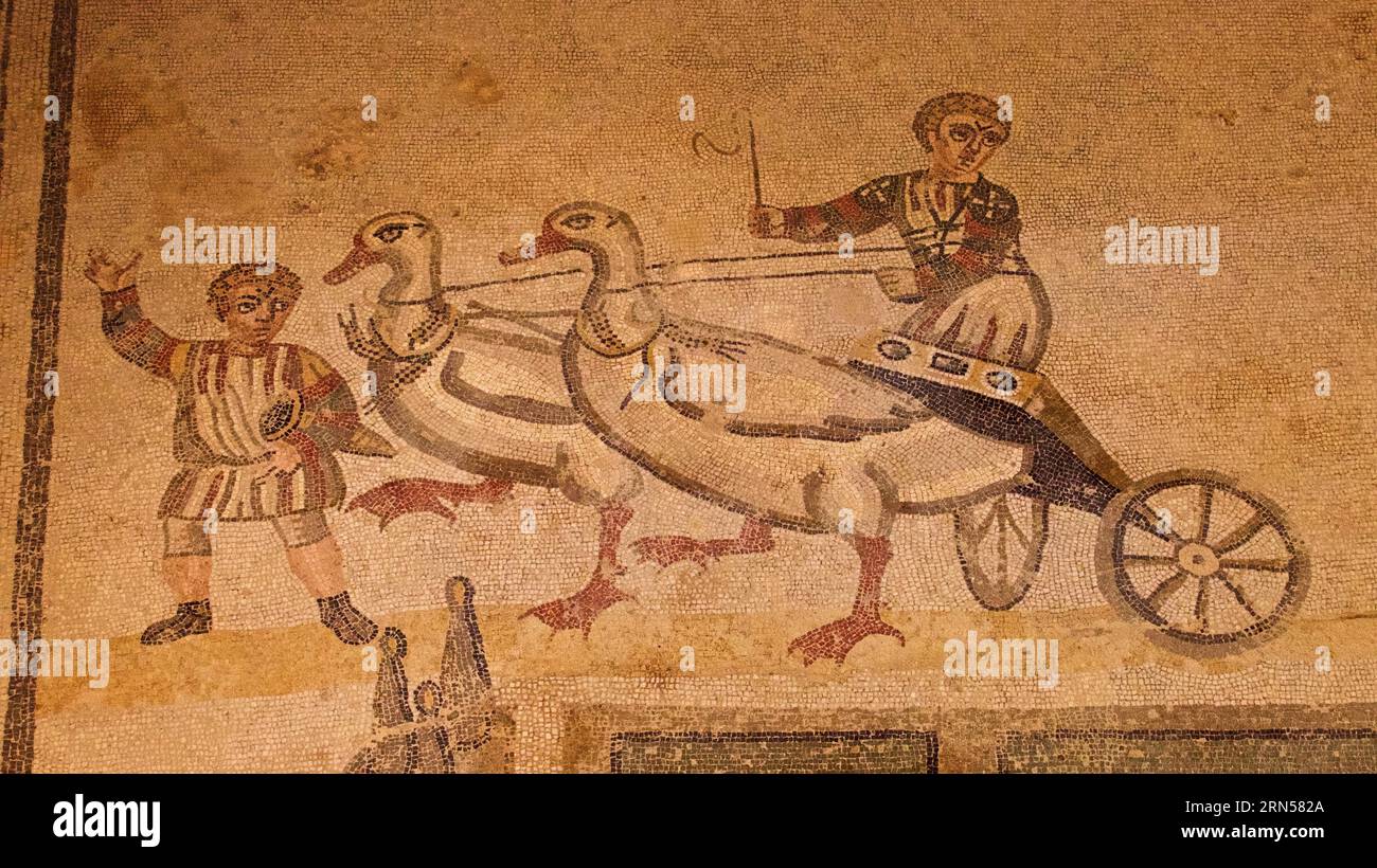 Children's chariot race, two-wheeled, drawn by geese, Roman mosaics ...