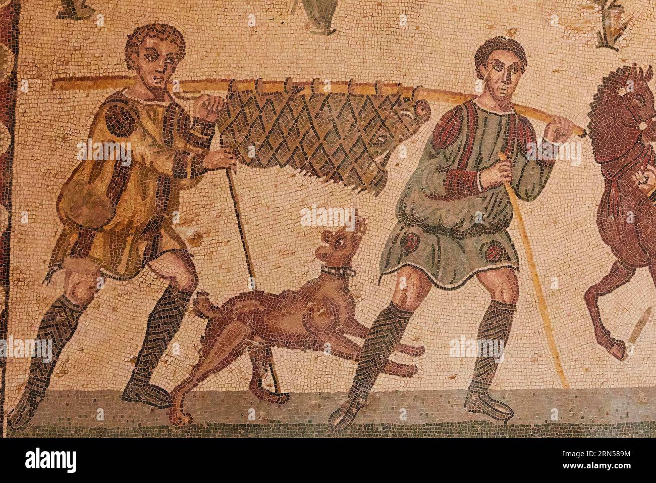 Hunter with prey animal on poles, hunting dog, Roman mosaics, Villa ...