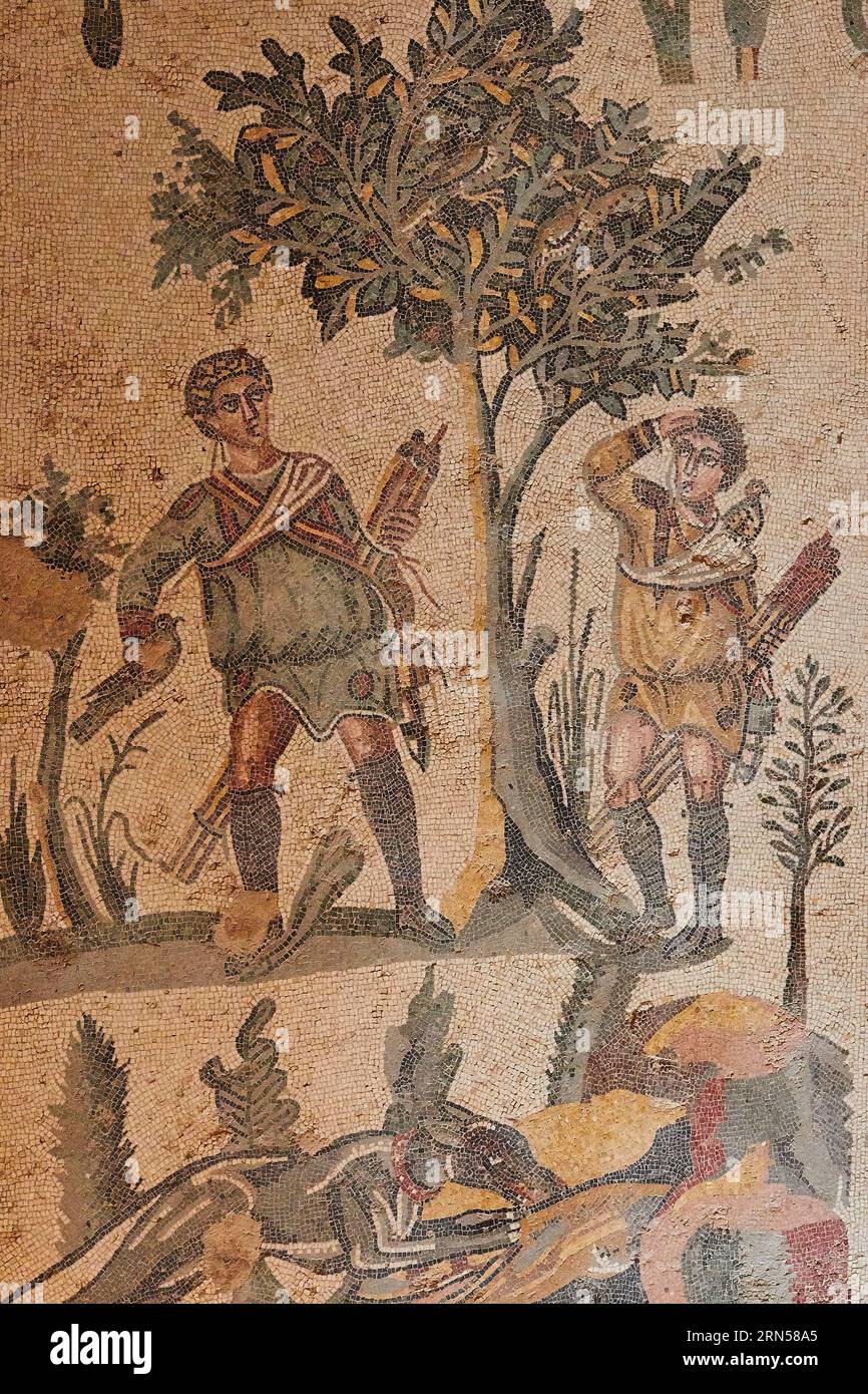 Hunter with arrows, tree, Roman mosaics, Villa Romana del Casale ...
