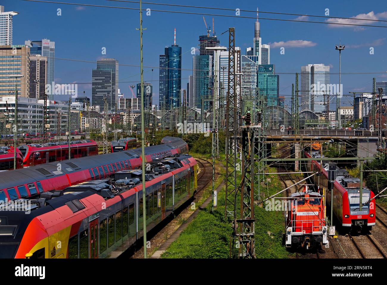 Elevated city view with many trains, railway station and skyscrapers, Frankfurt am Main, Hesse ...