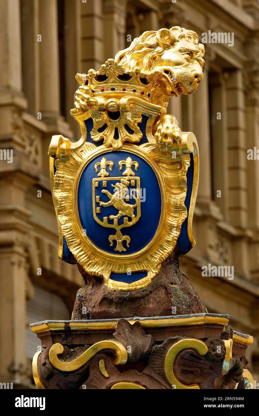 Market fountain with golden Nassau lion with the coat of arms of ...