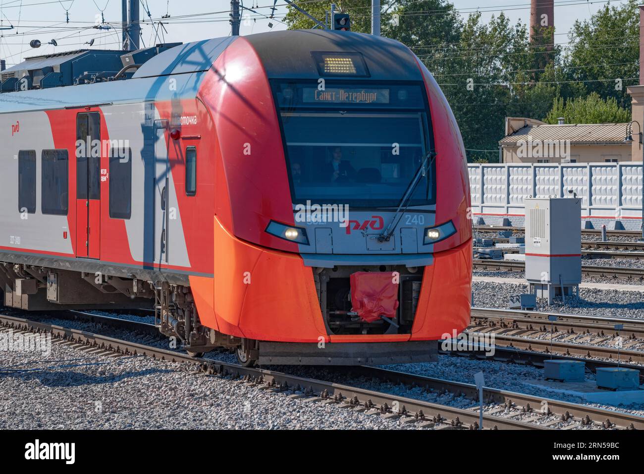 SAINT PETERSBURG, RUSSIA - AUGUST 27, 2023: Cabin of electric train ...