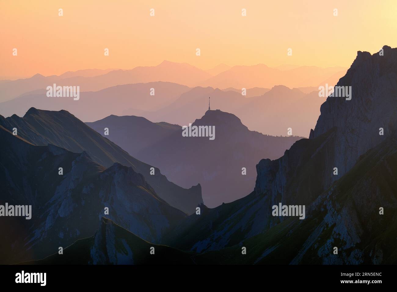 Alpstein Mountains at sunrise, view of Mount Hoher Kasten, behind it ...