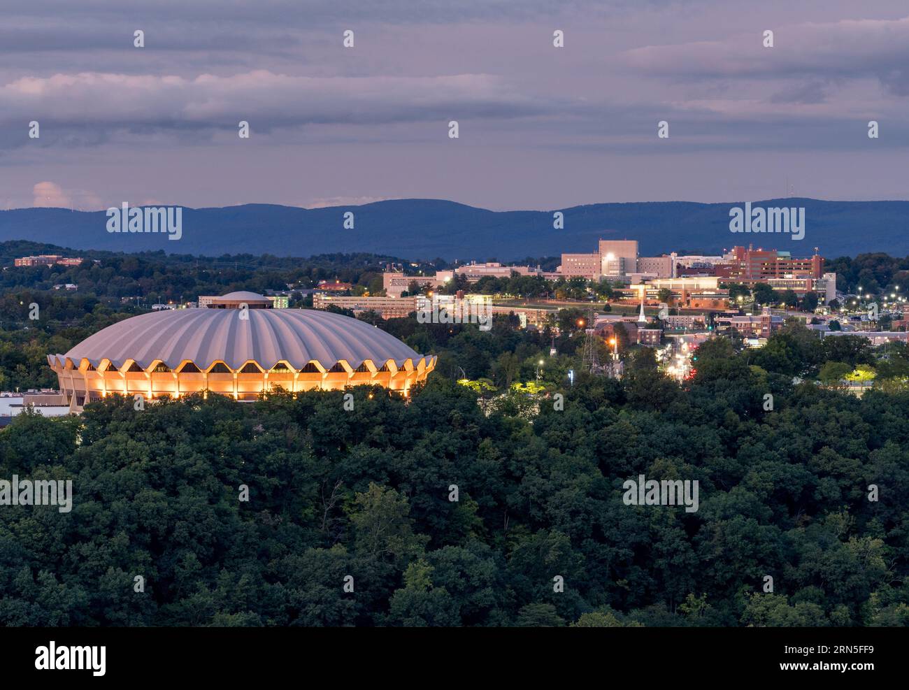 Dusk over the Evansdale district of Morgantown with WVU Coliseum arena ...