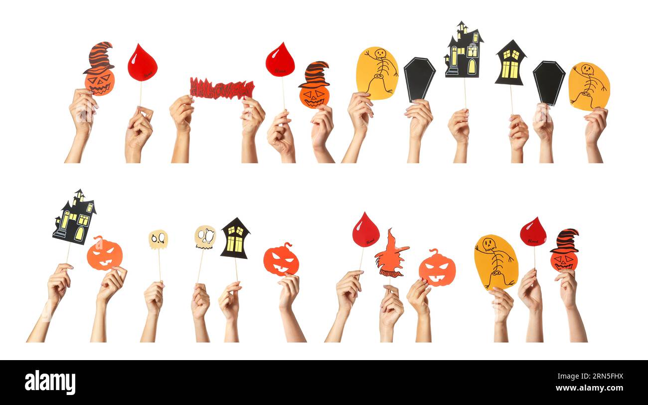 Set of many hands with Halloween decor on white background Stock Photo ...