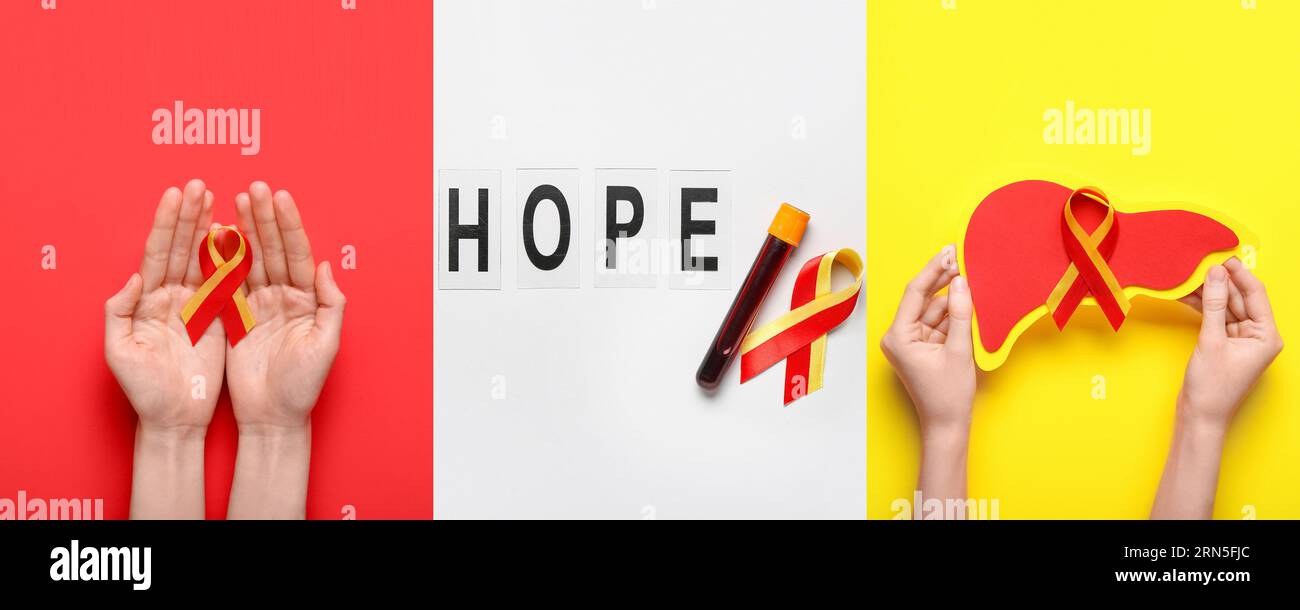Collage of hands with awareness ribbons, blood sample and paper liver ...