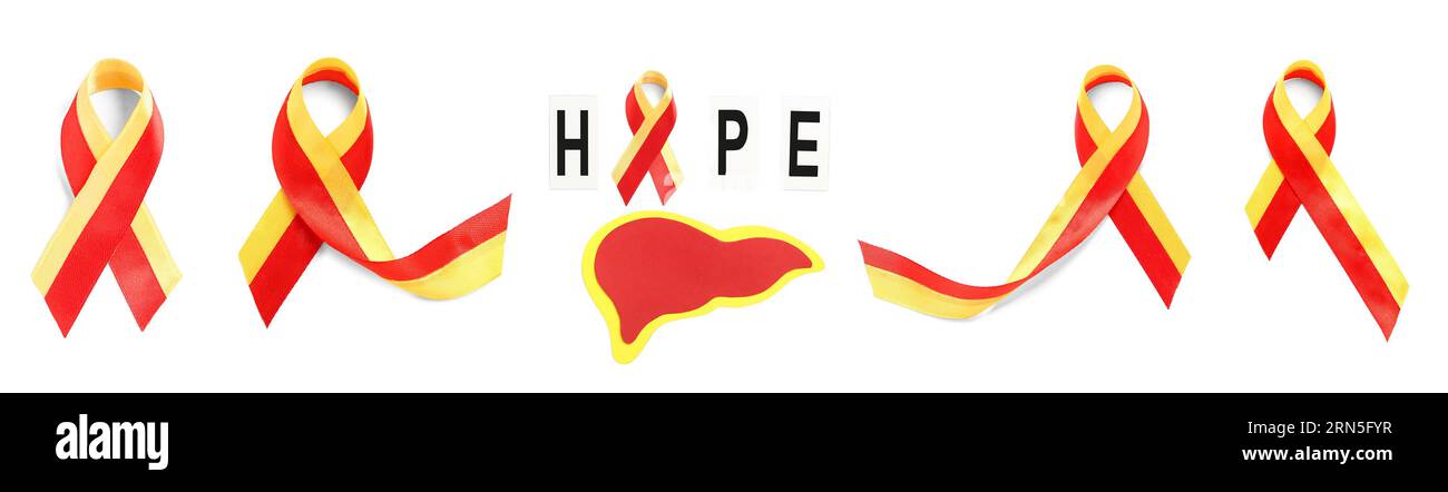 Collage of awareness ribbons with paper liver on white background ...