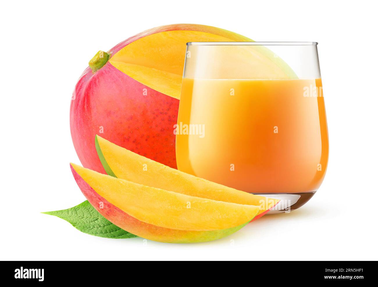 Glass of mango juice and sliced red mango fruit, isolated on white ...