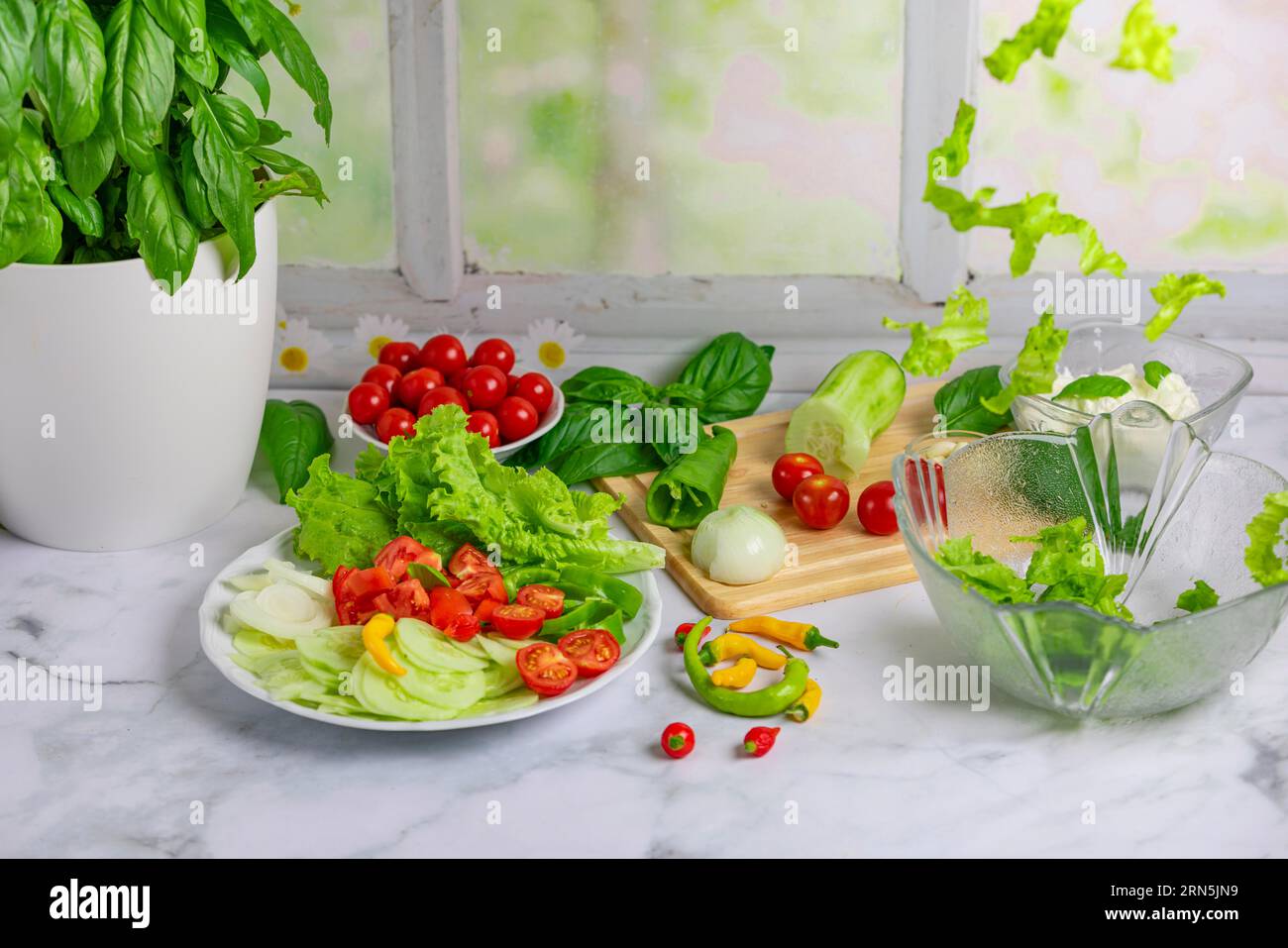 Fresh vegetables on board and plate, salad ingredients, cucumber peeled ...