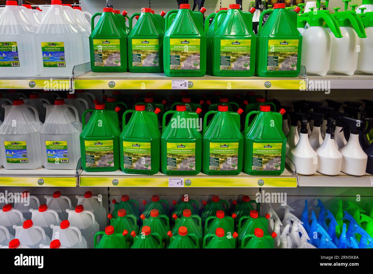 Plastic bottles, weed remover, in a garden centre, Allgaeu, Bavaria ...