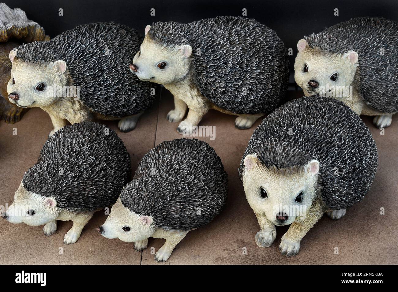 Artificial hedgehogs as garden decoration in a garden centre, Allgaeu ...
