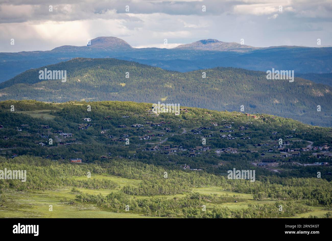 Norwegian houses between birch forest, tundra landscape, Fjell, Oystre ...