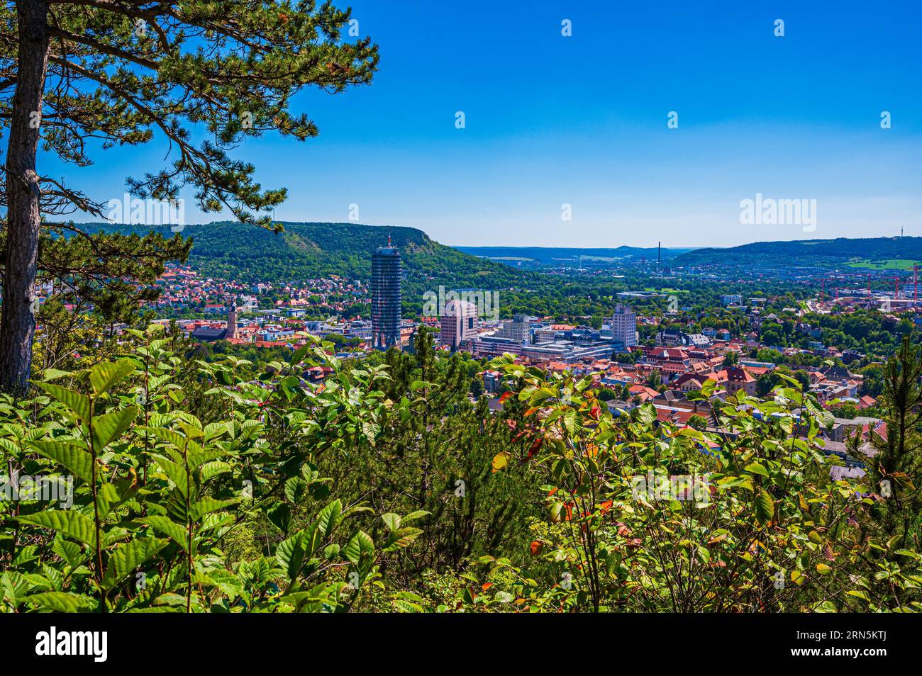 View over Jena with the Jentower in the centre of the city and the ...