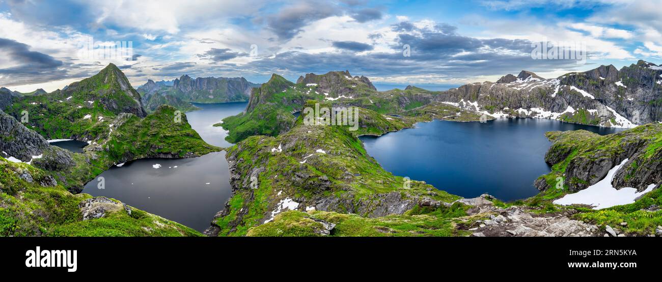 Panorama, ascent to Hermannsdalstinden, view over mountain landscape ...