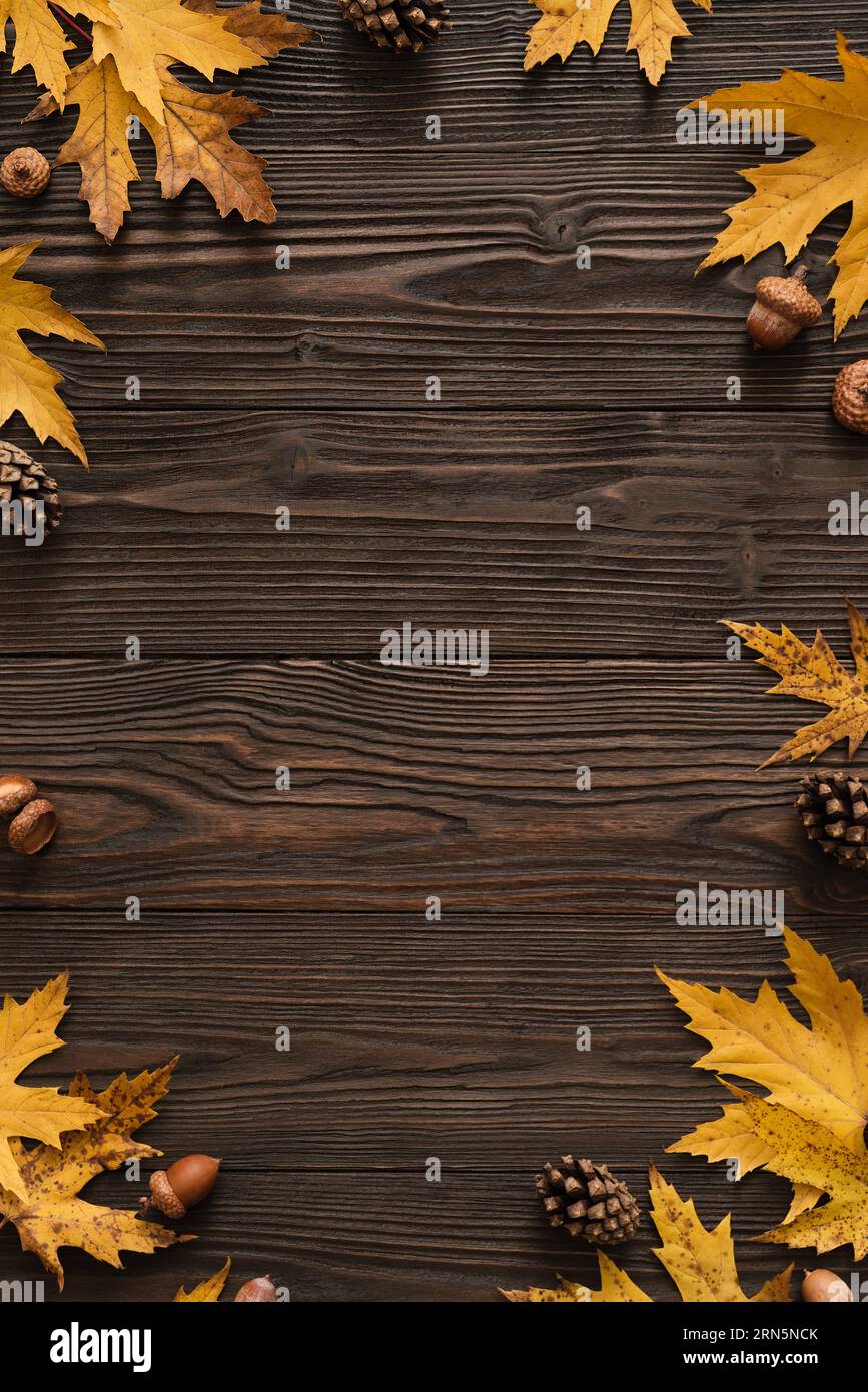 Fall Leaves Frame on Rustic Desk Background Stock Photo - Alamy