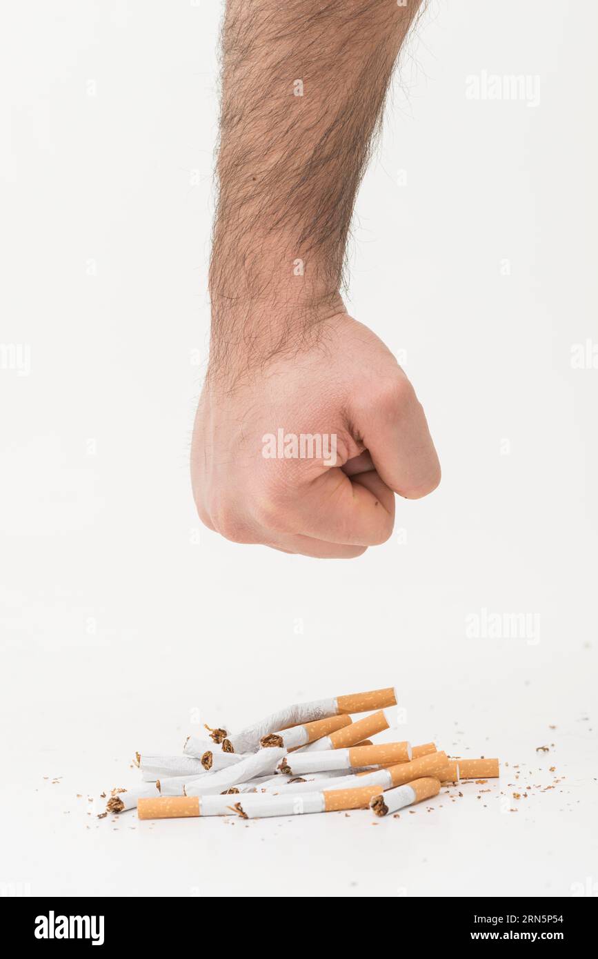 Man s hand giving punch broken cigarettes isolated white backdrop Stock ...
