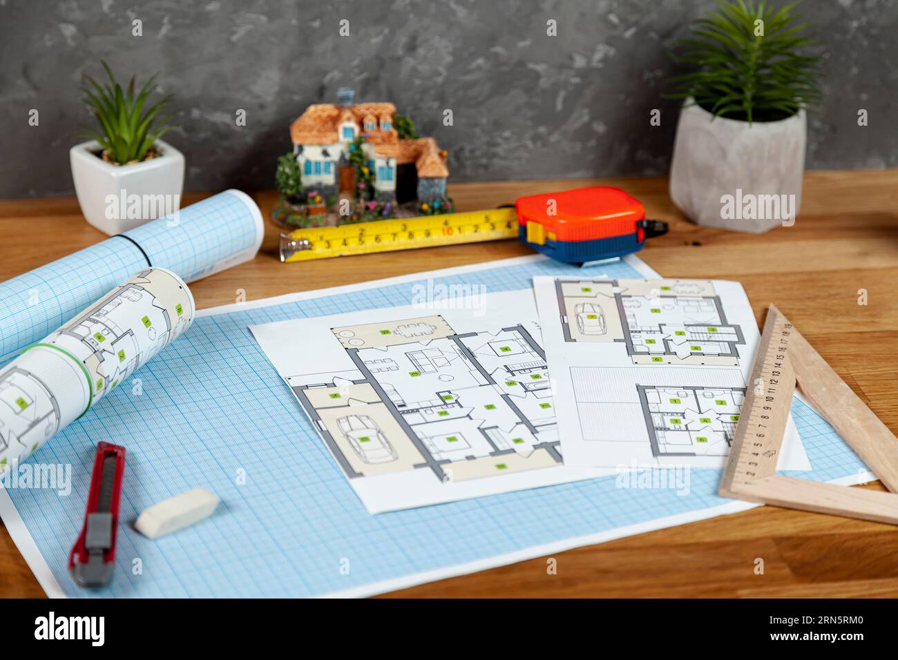 High angle architectural project desk Stock Photo - Alamy