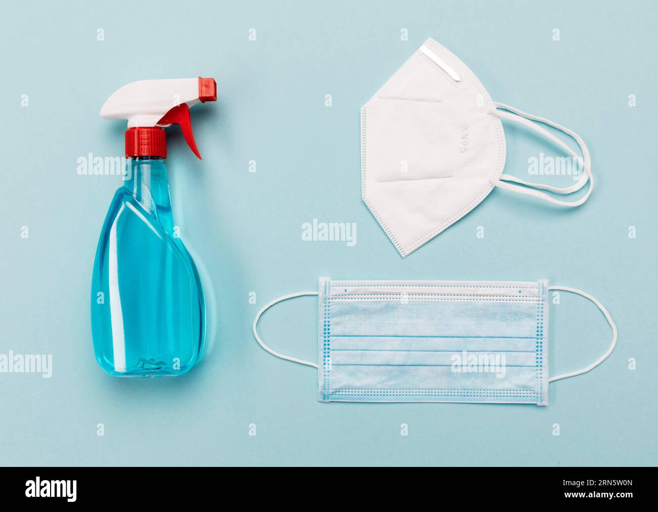 Top view medical masks disinfectant Stock Photo - Alamy