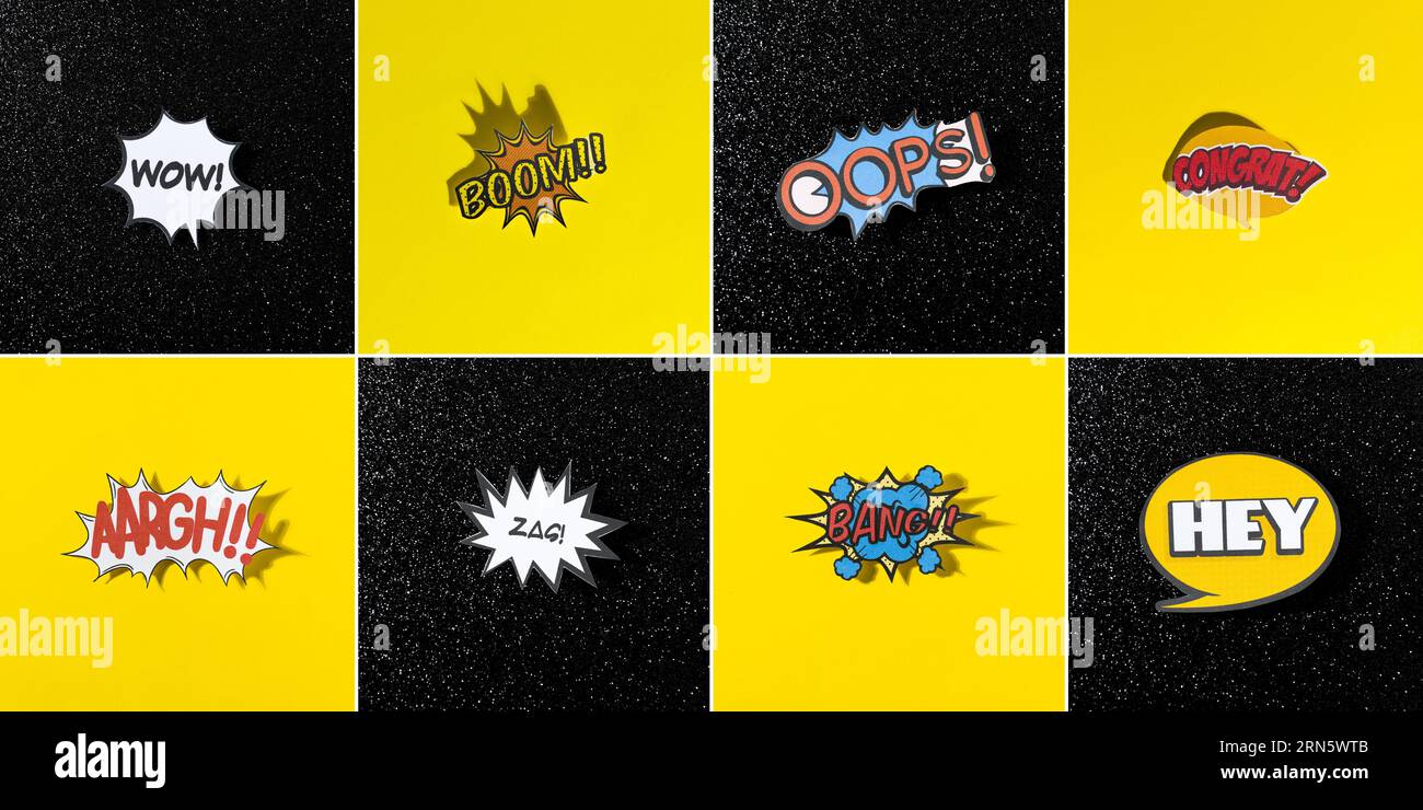 Collection comic style chat bubble different word black yellow backdrop ...