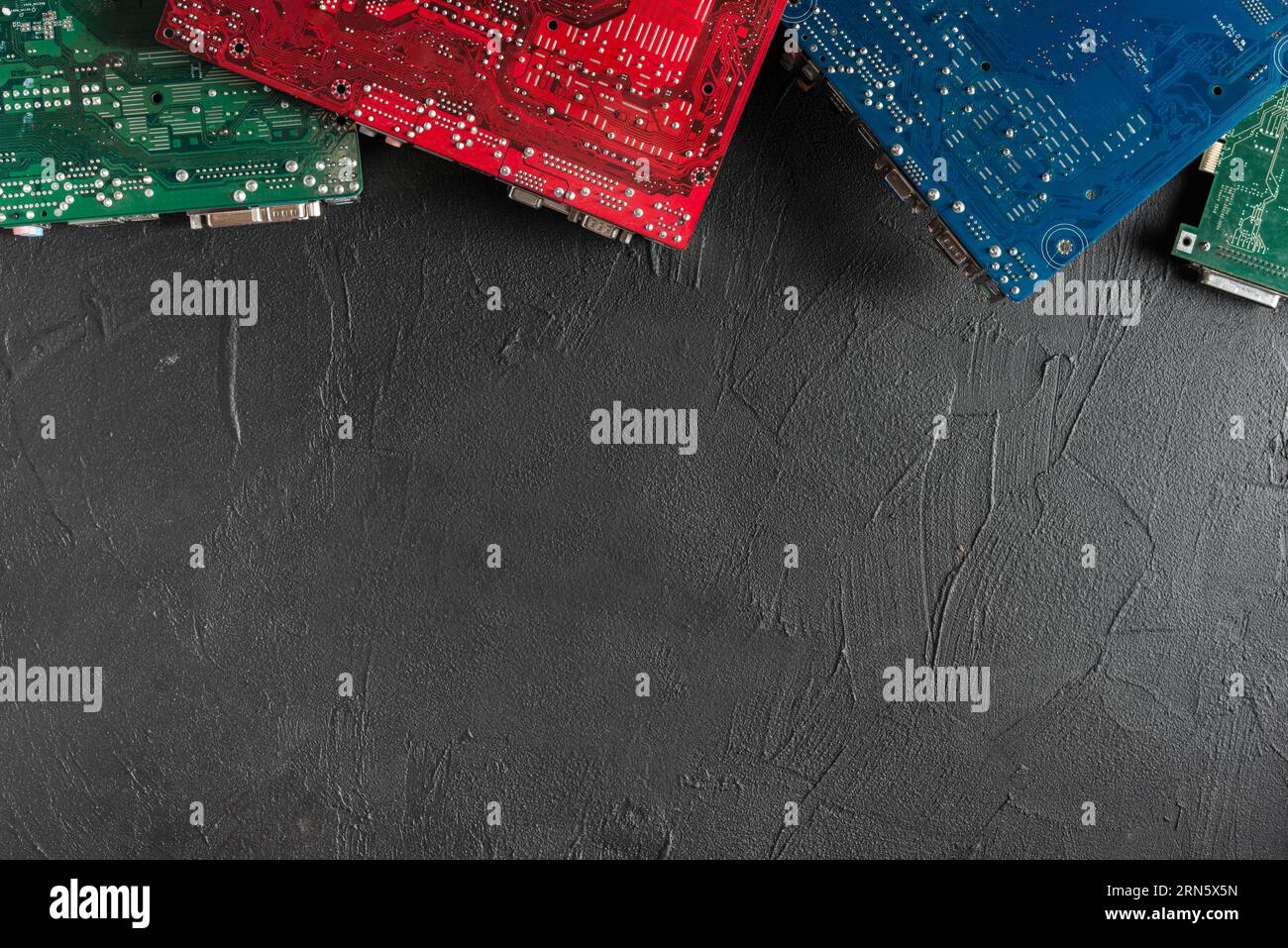 Elevated view colorful computer circuit boards black backdrop Stock ...