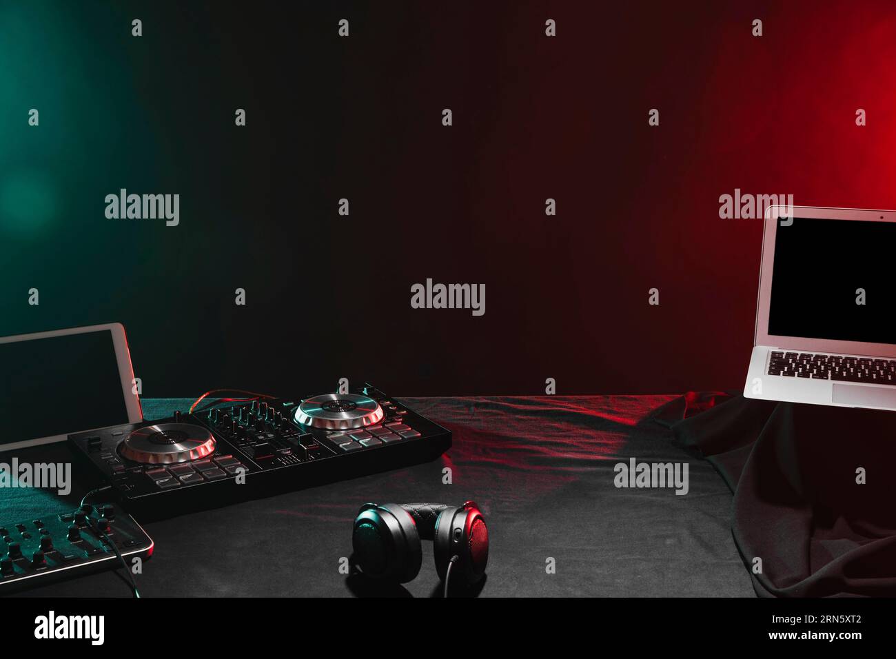 High angle dj electronic devices table Stock Photo - Alamy