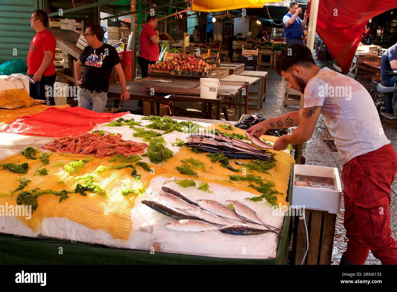 Fish counter, fish seller draping fish, markets, open air, Palermo ...