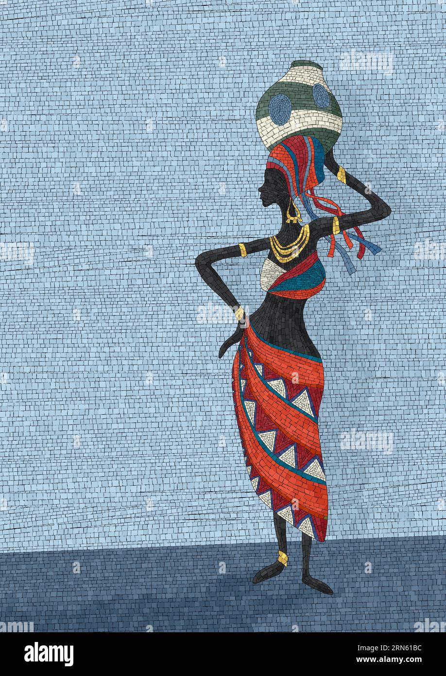 African woman carrying water, copy space vector art graphic mosaic ...