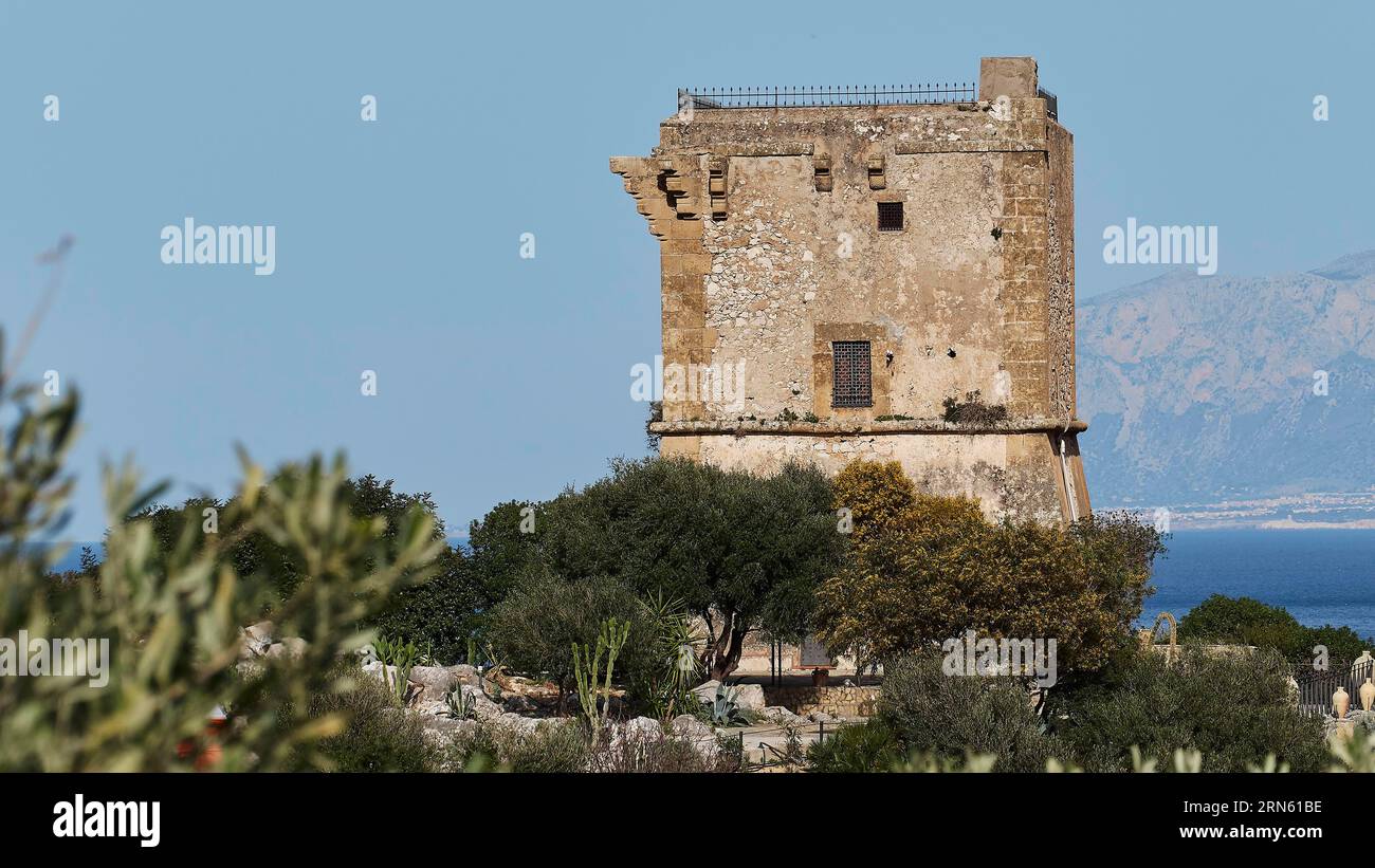Stone square tower, close, Zingaro, national park, nature reserve, northwest, Sicily, Italy ...