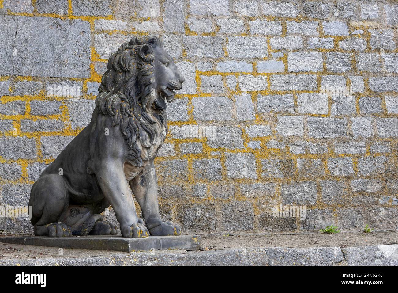 Lion sculpture next to the Old Crane, Wuerzburg, Lower Franconia ...