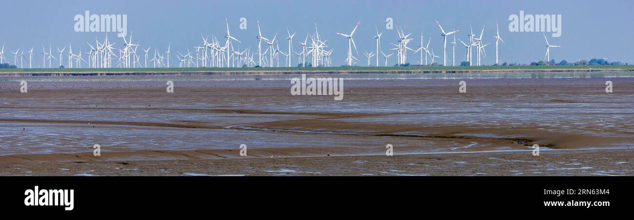 Panoramic photo of windmills and tides on the horizon of Dockkoogspitze ...