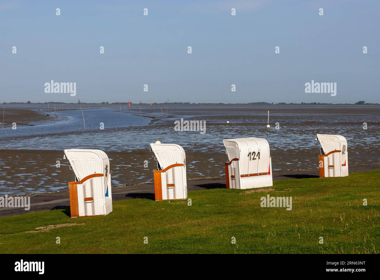 Tidal and beach chairs at Dockkoogspitze bathing beach, Dockkoog, Husum ...
