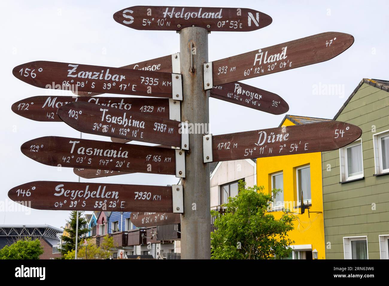 Signpost of the world cities in the inland harbour in Hafenstrasse ...