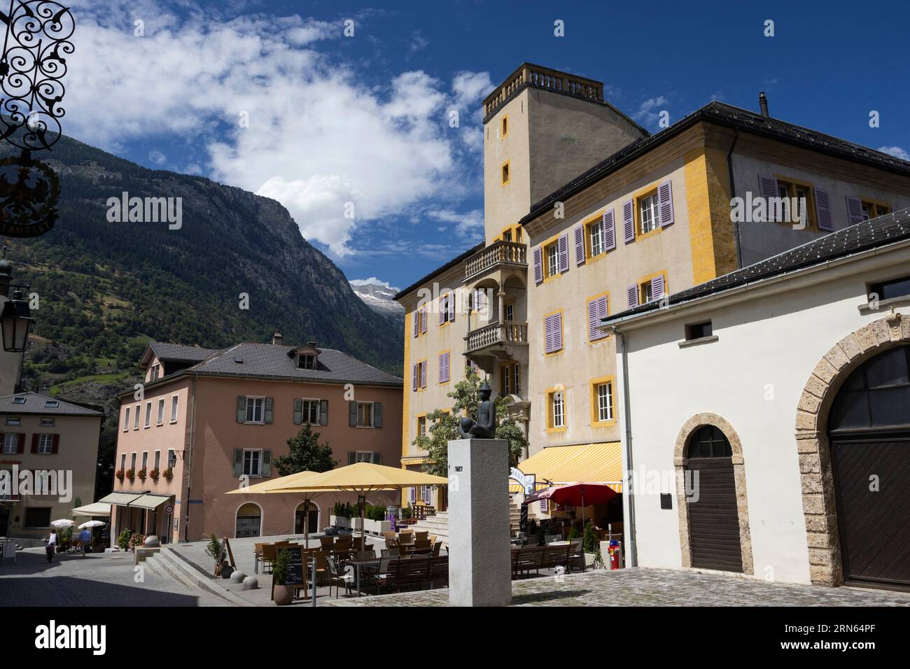 BRIG, SWITZERLAND, 17 JULY 2023: View of restaurants and old buildings ...