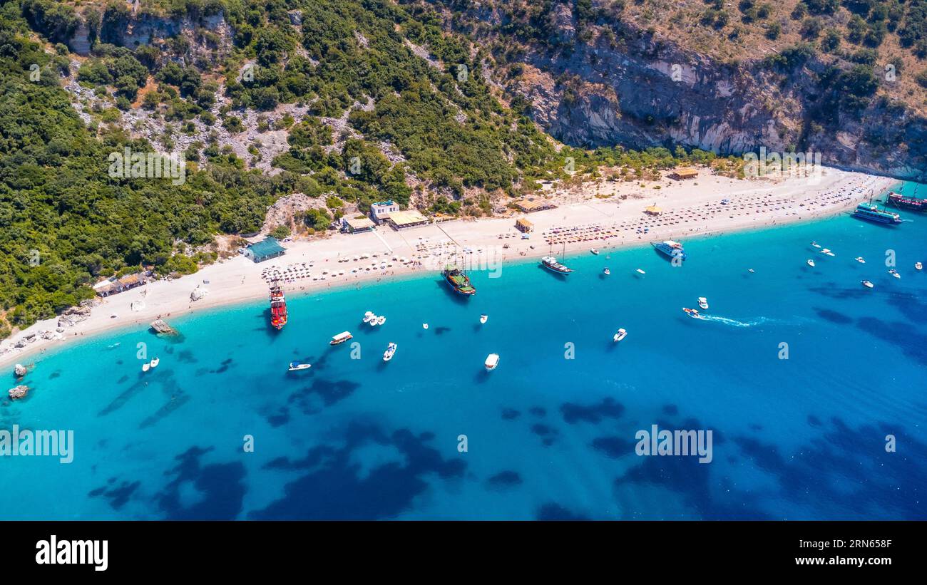 Aerial drone view of the paradise beach of Kroreza or Krorez on the ...