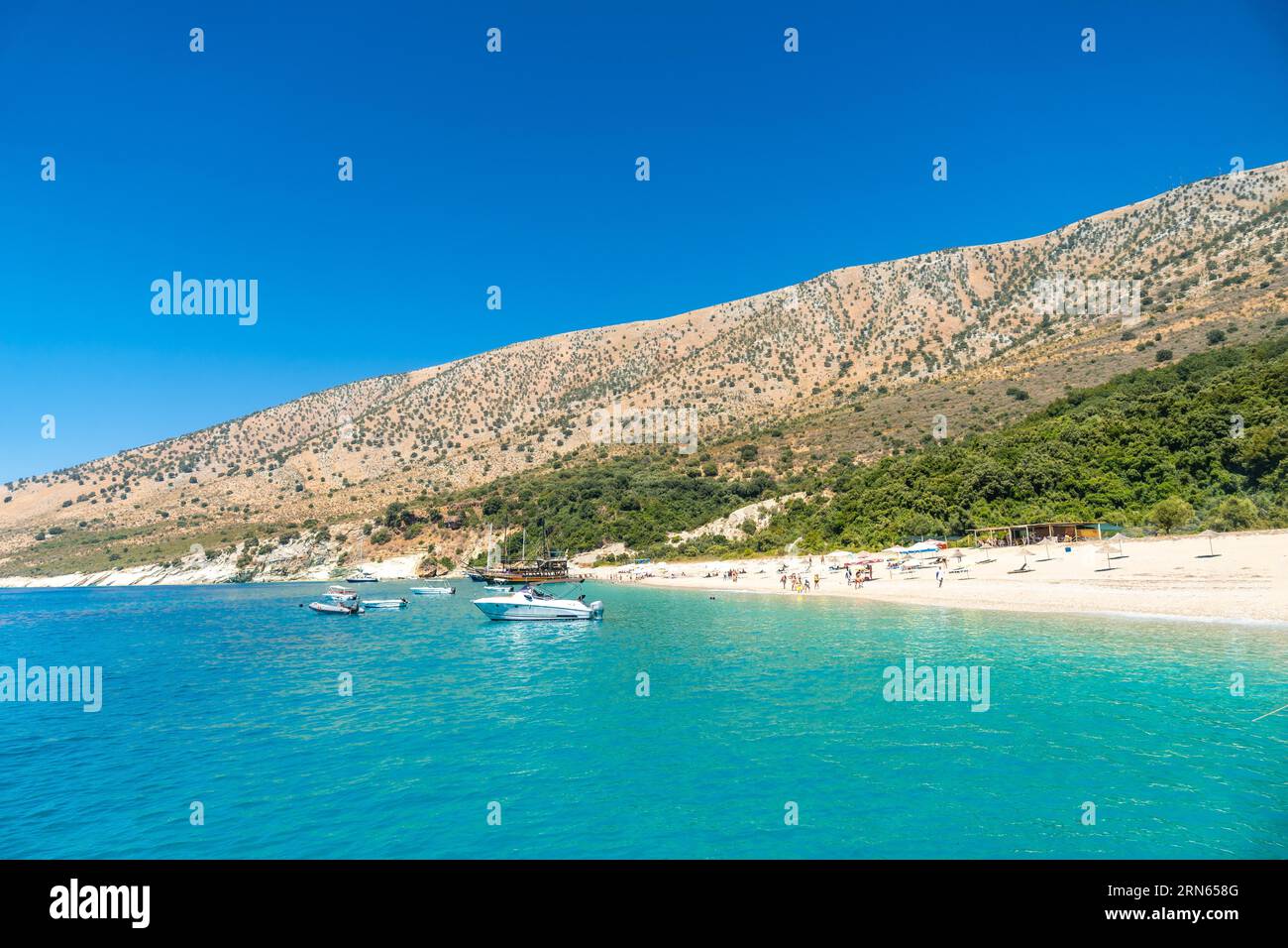 Paradise beach of Kroreza or Krorez from the boat on the Albanian ...