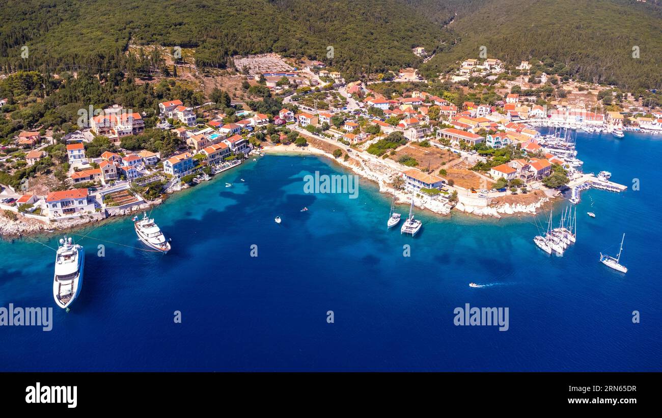 Aerial view of the port of Fiskardo village on the island of Kefalonia ...