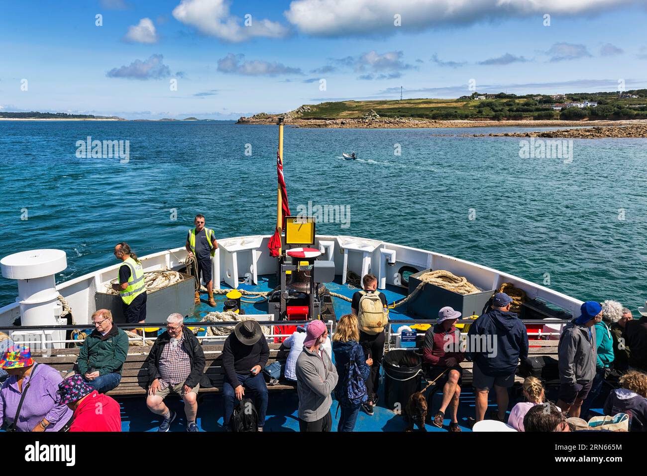 View of St Mary's Island from the ferry Scillonian III, ferry traffic ...