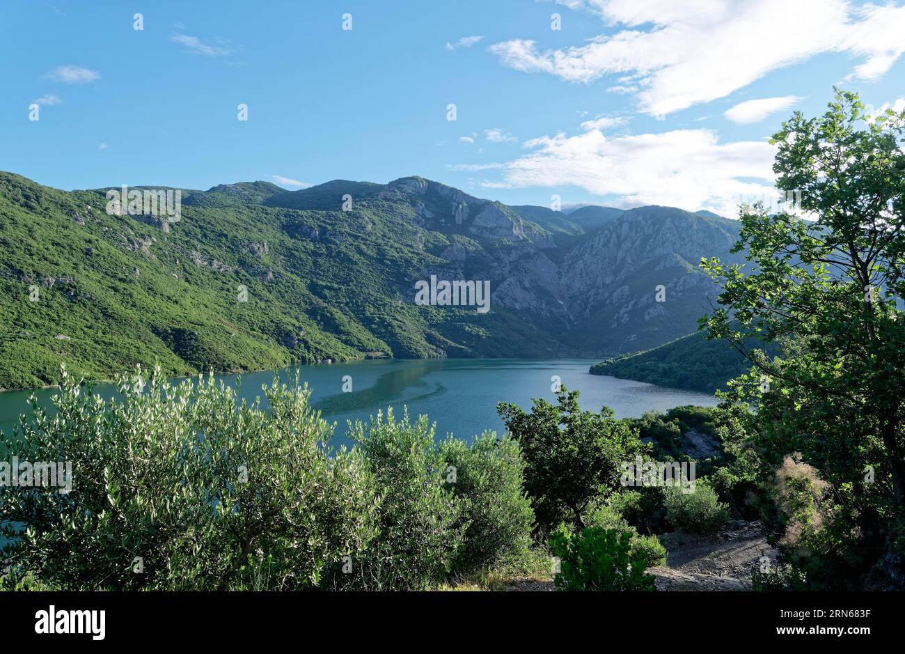Lake Koman, a reservoir on the Drin River, in the Albanian Alps in ...