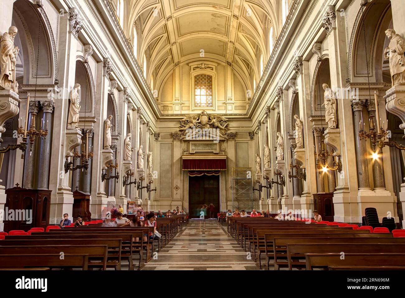 Nave, vaulted roof, rows of seats, statues, wide angle, cathedral ...