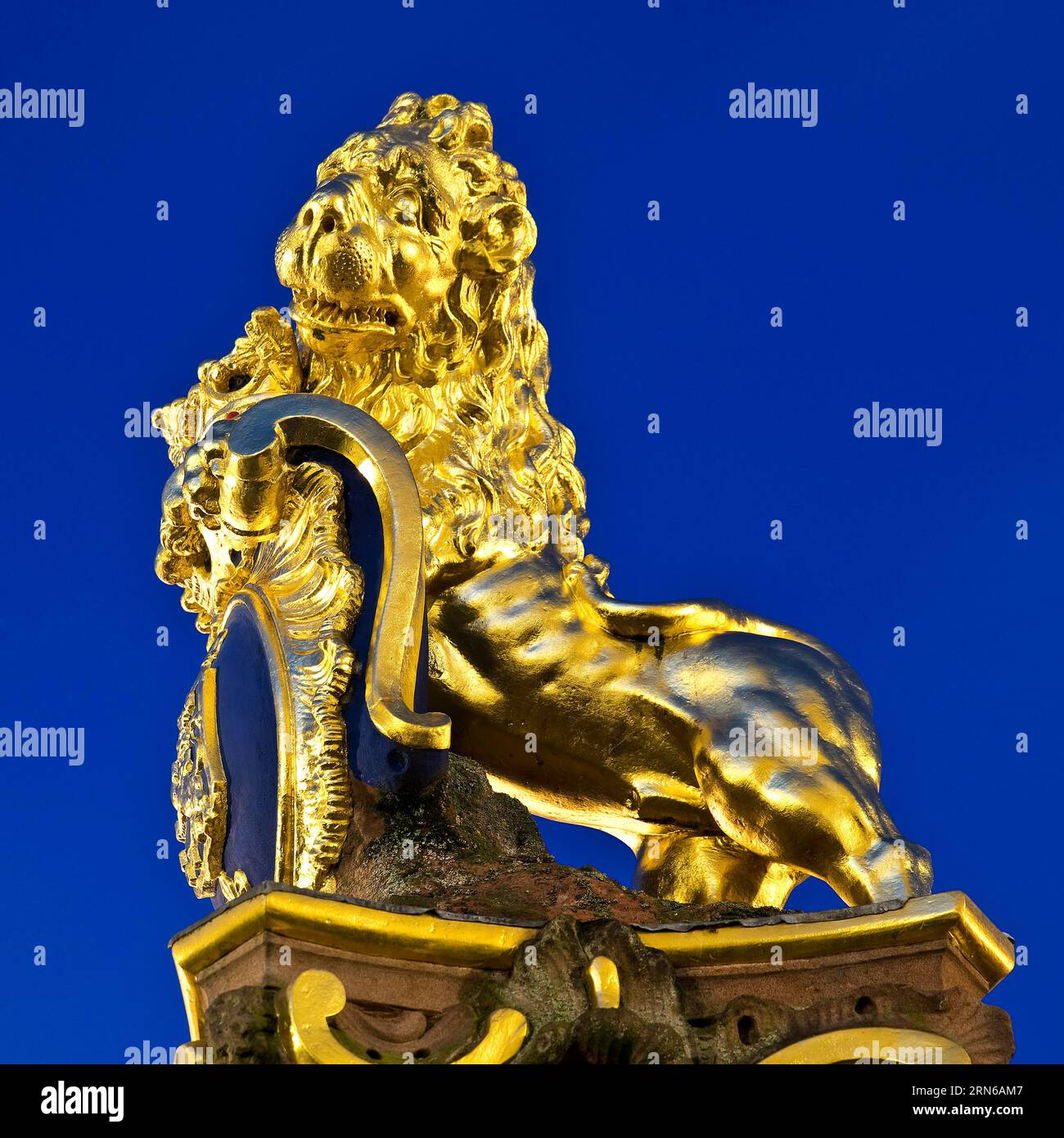 Golden Nassau lion on the market fountain, Schlossplatz, state capital ...