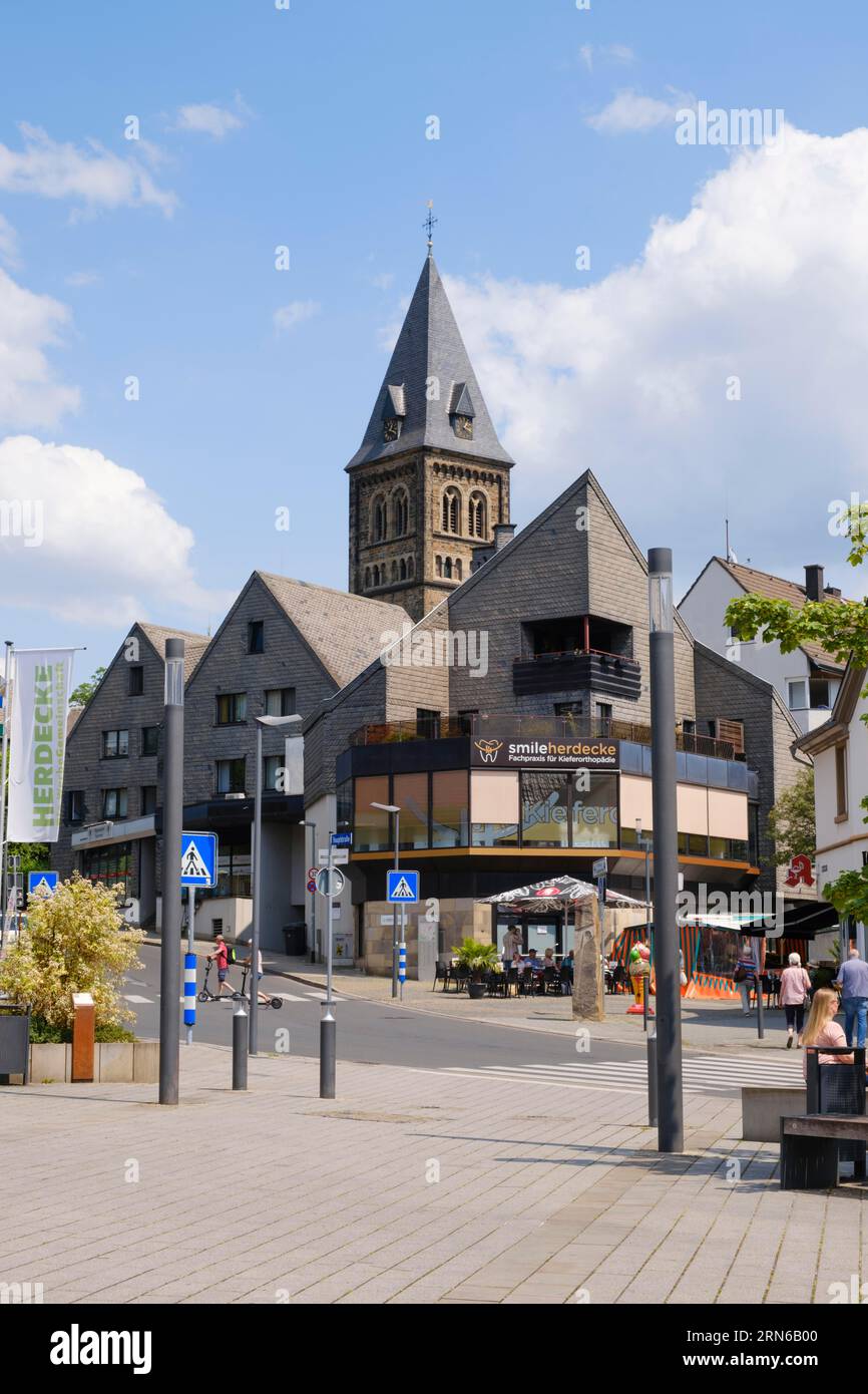 Town view with the Protestant Collegiate Church of St. Marien, Herdecke ...