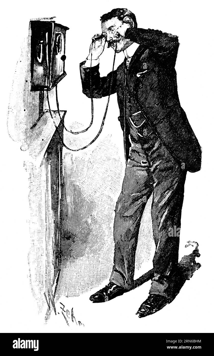 Man at the telephone, Berlin, 19th century, telephone, wall, apparatus ...
