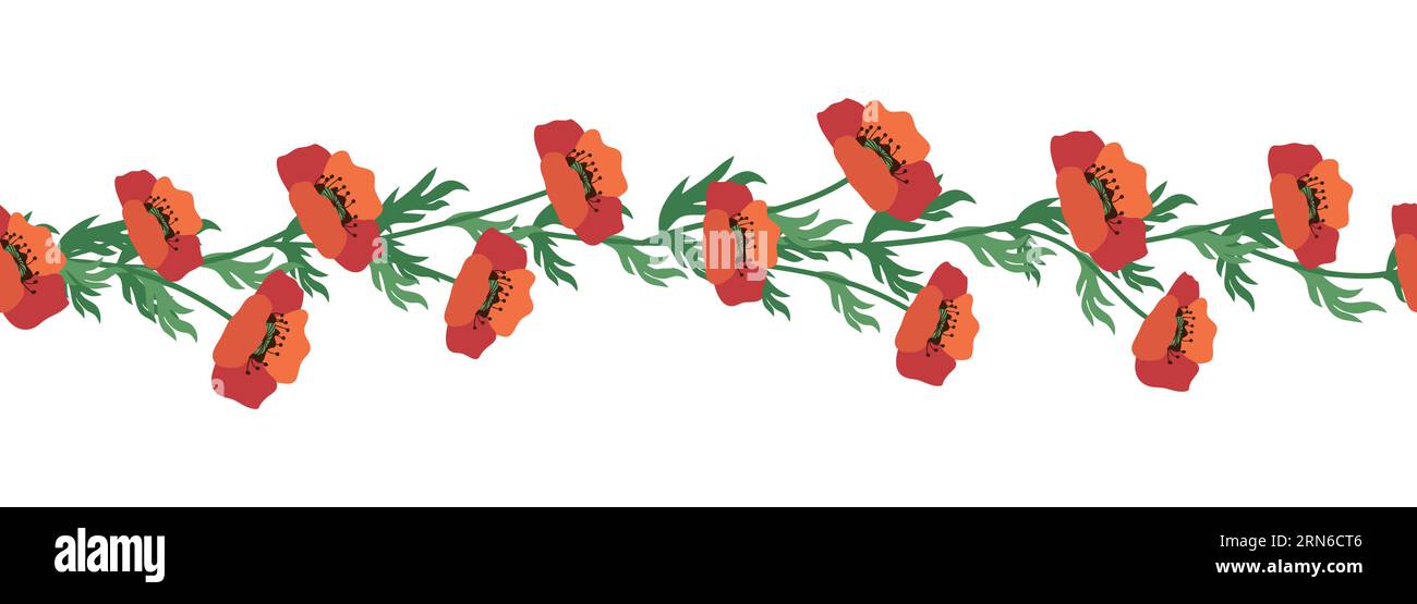 Summer seamless pattern with bright red poppy flowers and poppy pods ...
