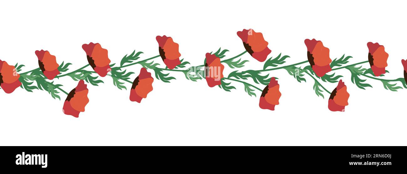 Summer seamless pattern with bright red poppy flowers and poppy pods ...