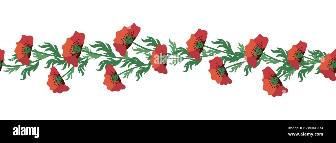 Summer seamless pattern with bright red poppy flowers and poppy pods ...