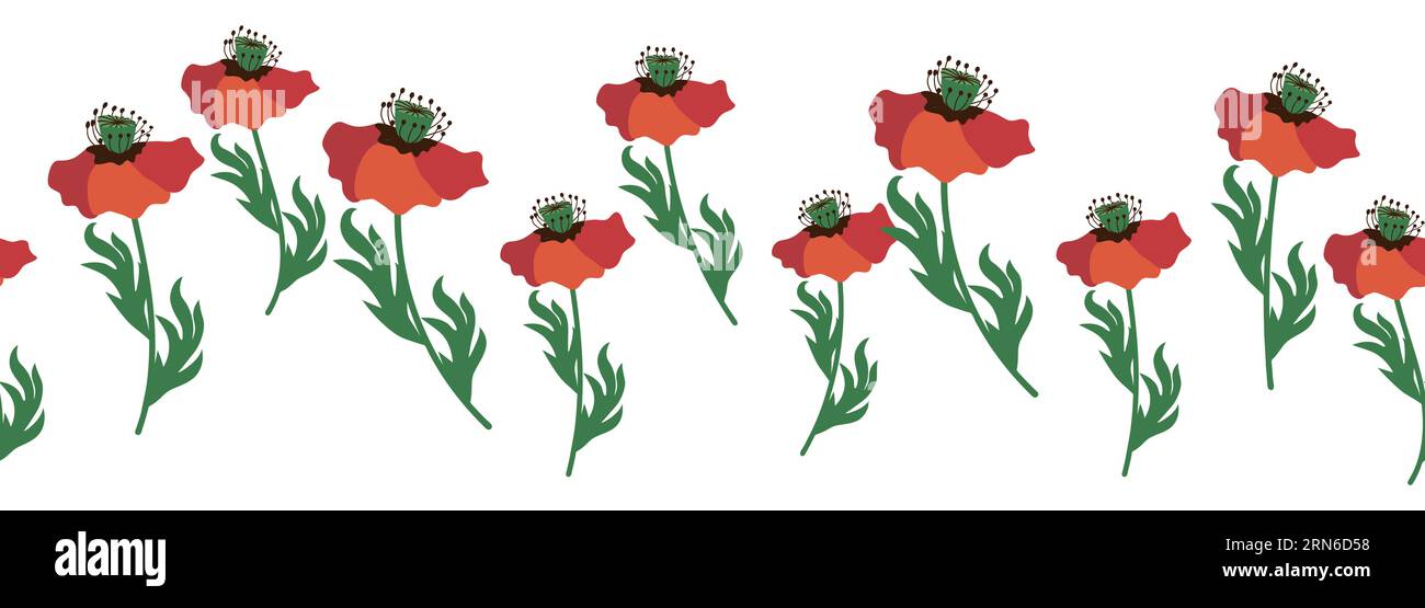 Summer seamless pattern with bright red poppy flowers and poppy pods ...