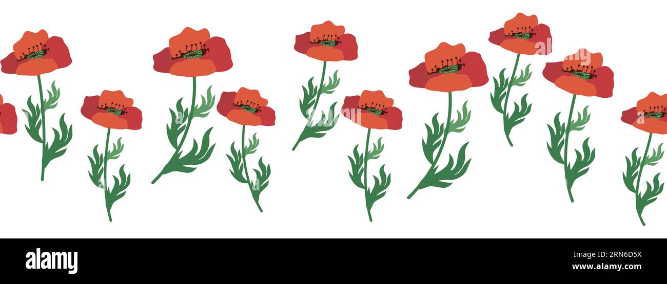 Summer seamless pattern with bright red poppy flowers and poppy pods ...