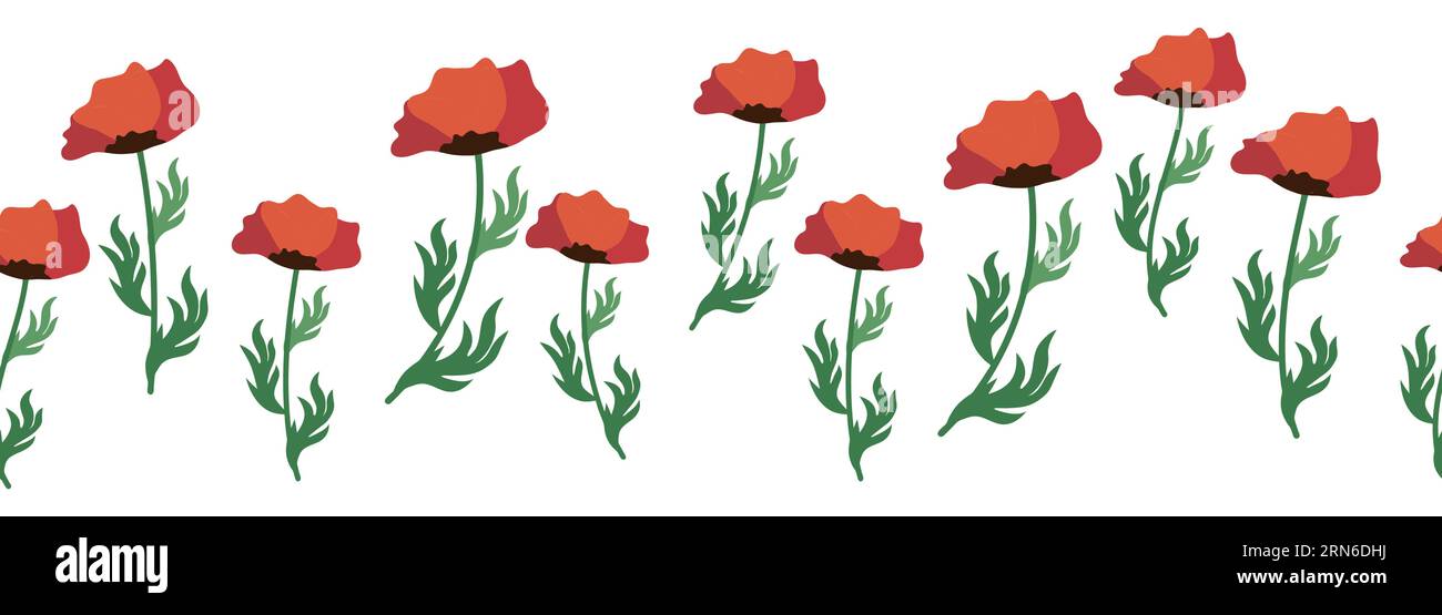 Summer seamless pattern with bright red poppy flowers and poppy pods ...