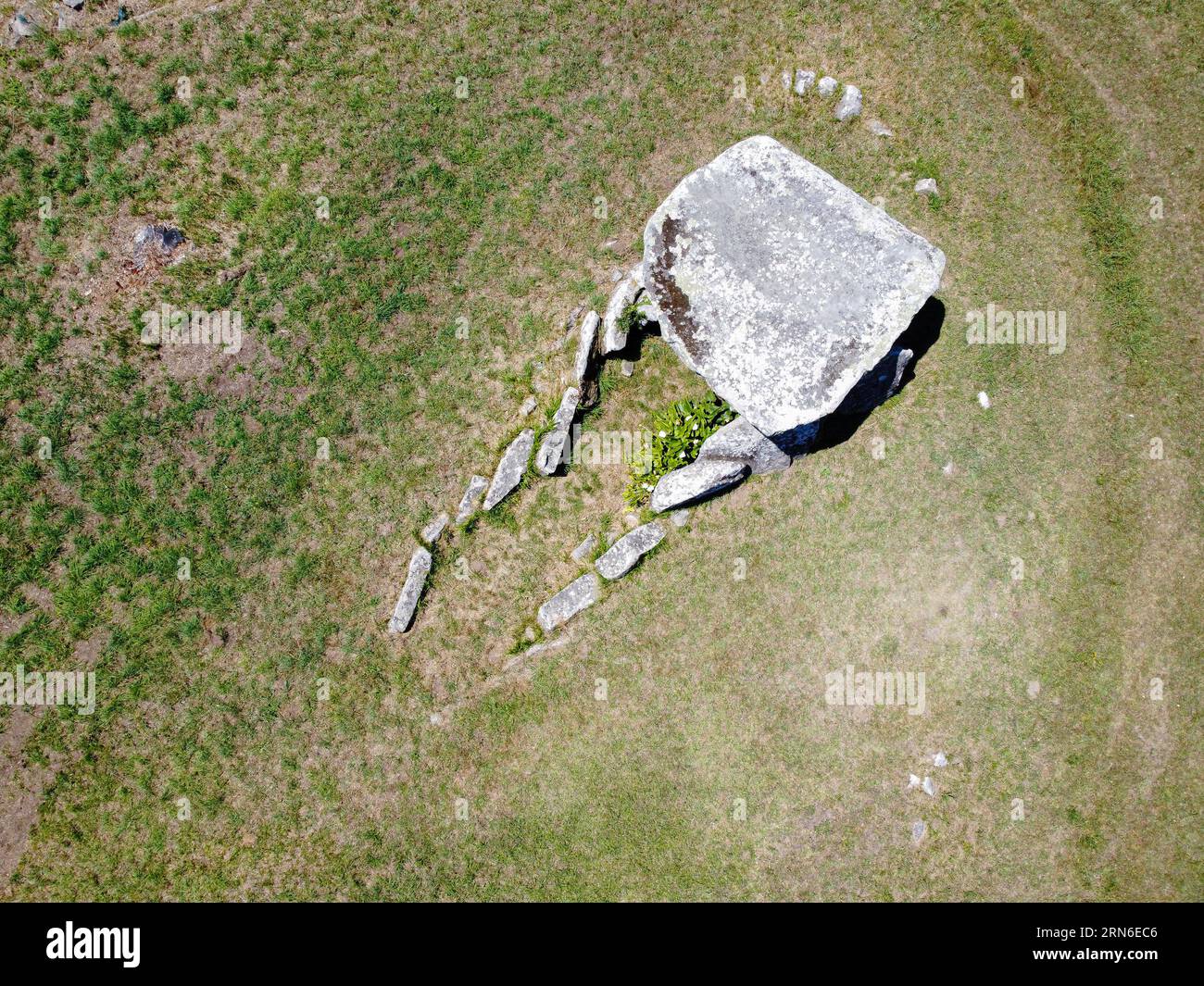 Aerial zenithal view of a dolmen, a prehistoric tomb, ancient burial ...
