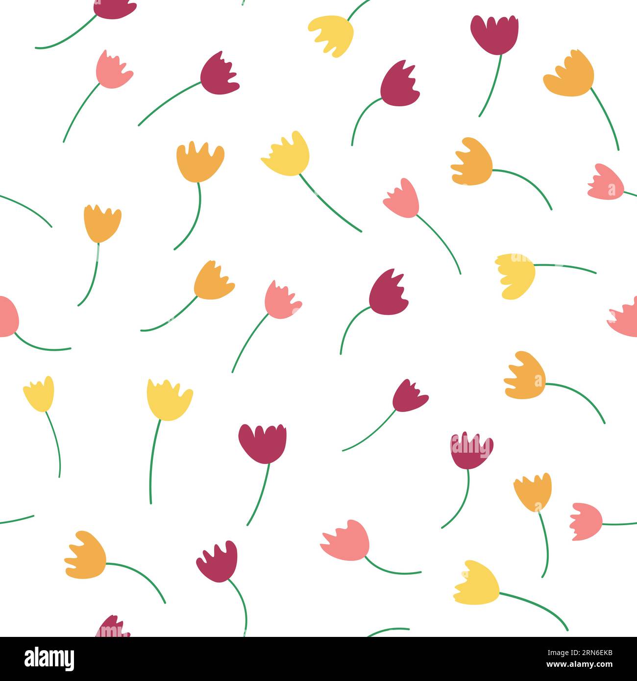 Seamless floral pattern with colorful tulip flowers, leaves and petals. Hand drawn spring ...
